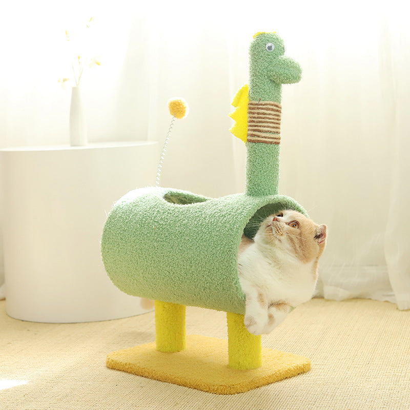 Green Dinosaur-Theme Cat Tree with Tunnel - Multi-Functional Cat Scrat ...